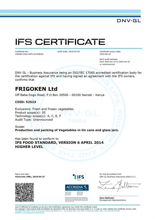 IFS Certificate (2018-2019) - Frigoken