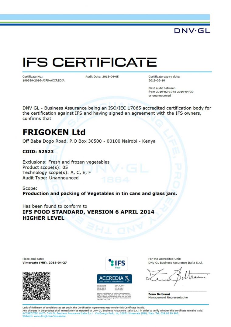 IFS Certificate (2018-2019) – Frigoken