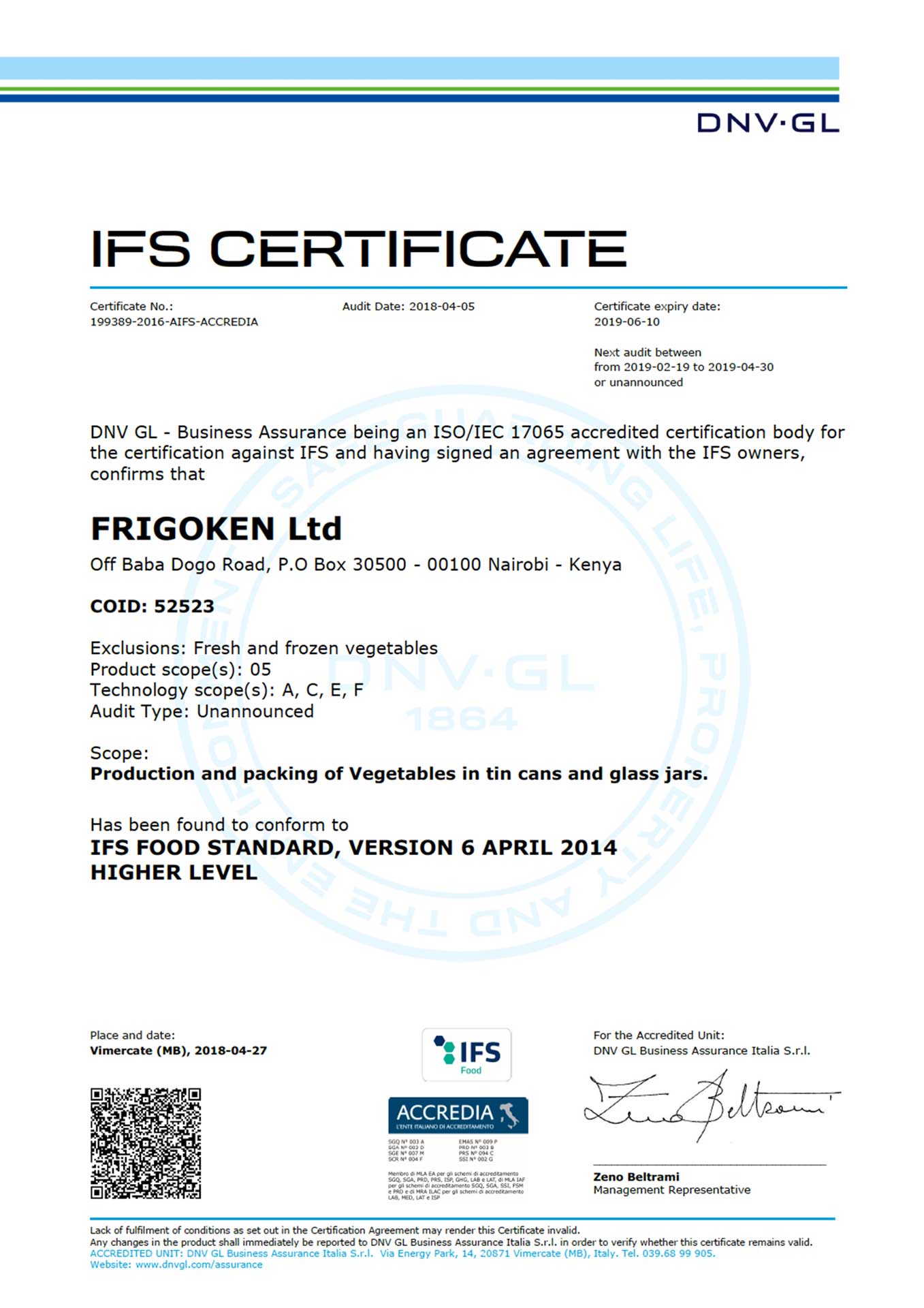 IFS Certificate (2018-2019) – Frigoken